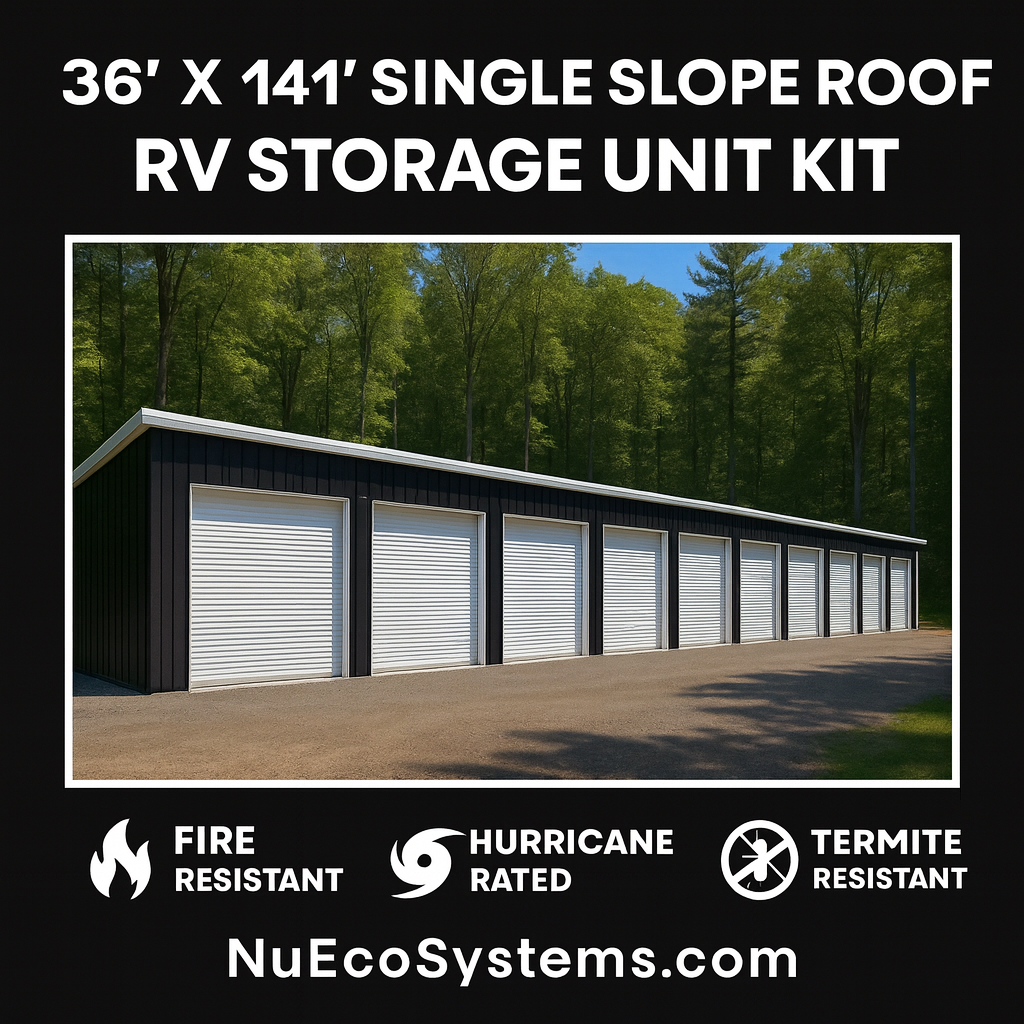36 X 141 SINGLE SLOPE ROOF RV STORAGE UNIT KIT - Nuecosystems