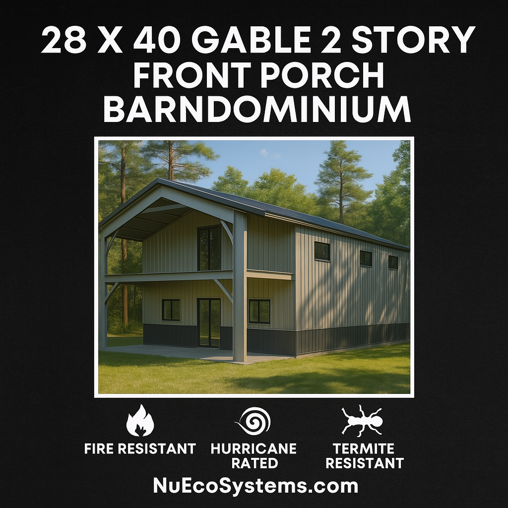 28 X 40 GABLE 2 STORY FRONT PORCH BARNDOMINIUM KIT – Nuecosystems