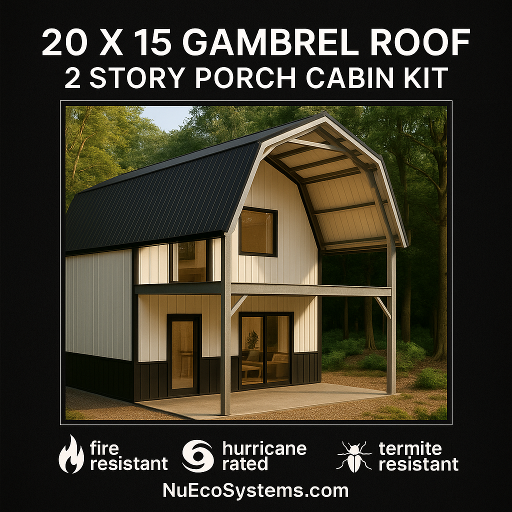 20 X 15 GAMBREL ROOF 2 STORY PORCH CABIN KIT - Nuecosystems