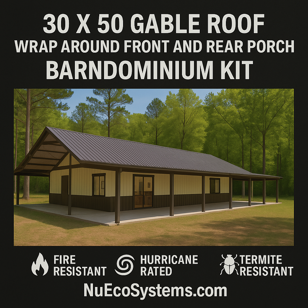 30 X 50 GABLE ROOF FRONT AND REAR PORCH BARNDOMINIUM KIT - Nuecosystems