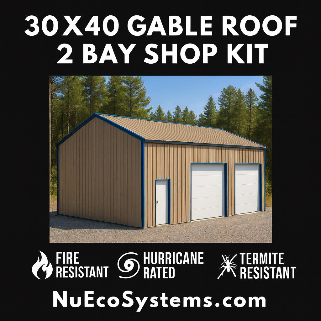 30 X 40 GABLE ROOF 2 BAY SHOP KIT - Nuecosystems